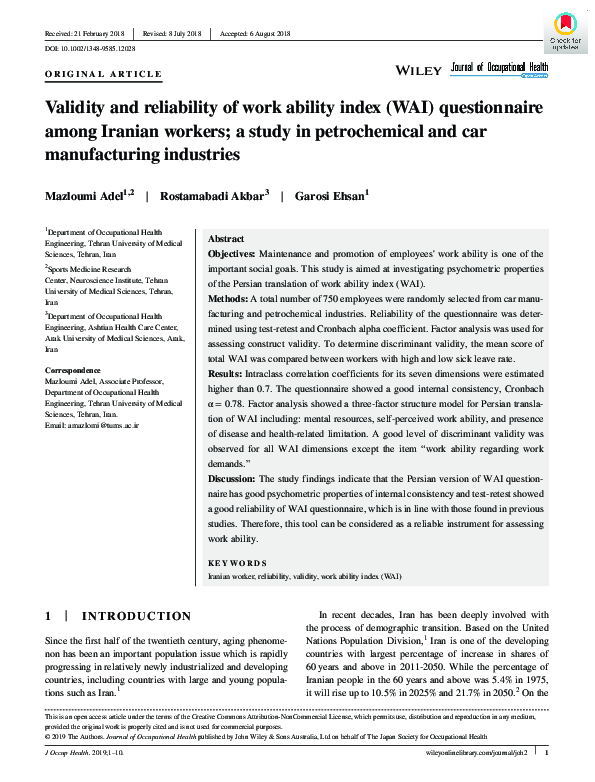 (PDF) SP6-11 Validity and reliability of the work ability index ...