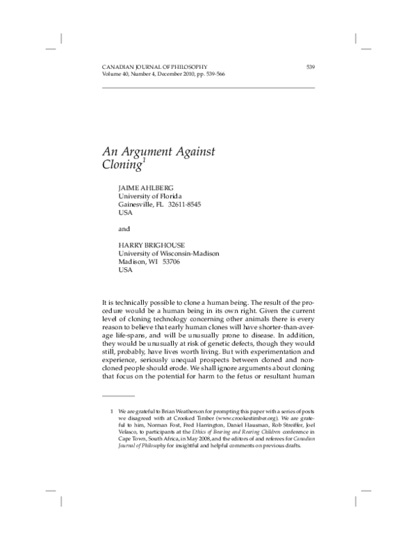 (PDF) An Argument Against Cloning