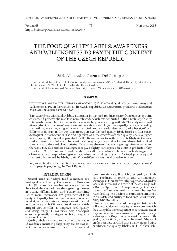 (PDF) The Food Quality Labels: Awareness and Willingness to Pay in the ...
