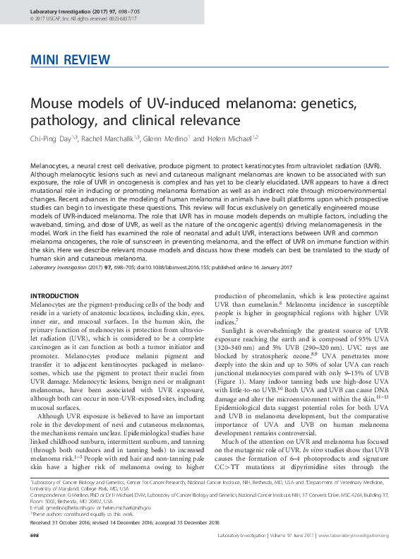 (PDF) Mouse models of UV-induced melanoma: genetics, pathology, and ...