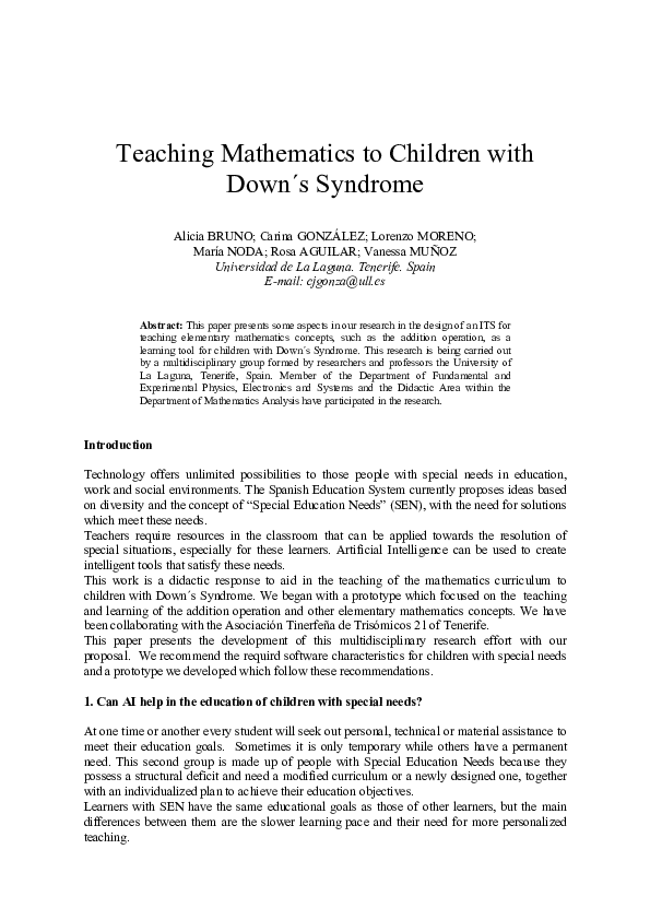 (PDF) Teaching Mathematics to Children with Downs Syndrome