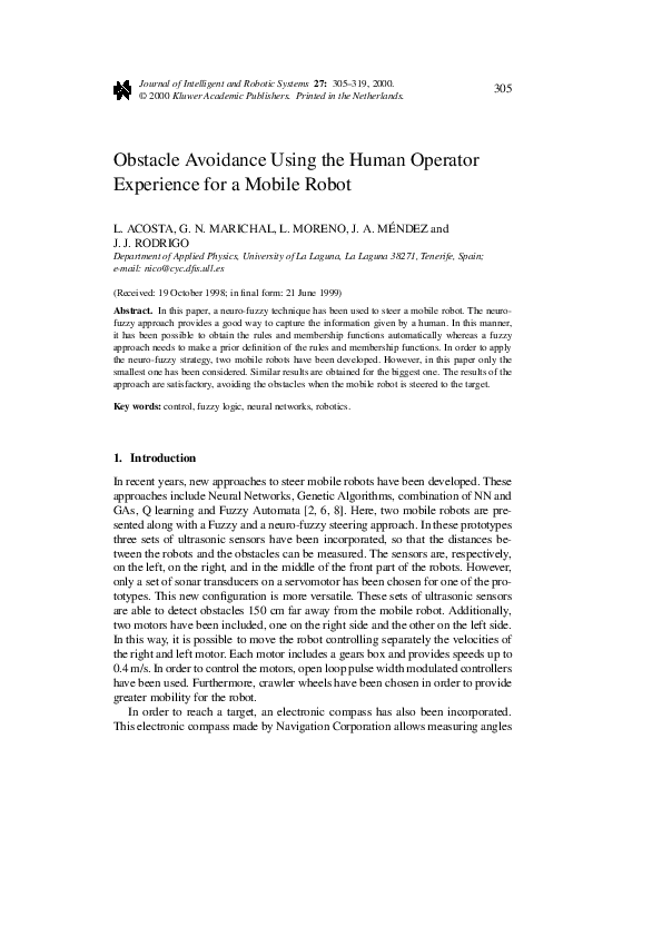 (PDF) Obstacle Avoidance Using the Human Operator Experience for a Mobile Robot | Lorenzo Moreno ...