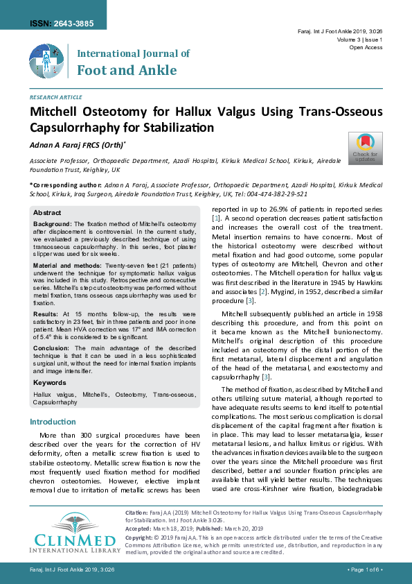 (PDF) Mitchell Osteotomy for Hallux Valgus Using Trans-Osseous ...