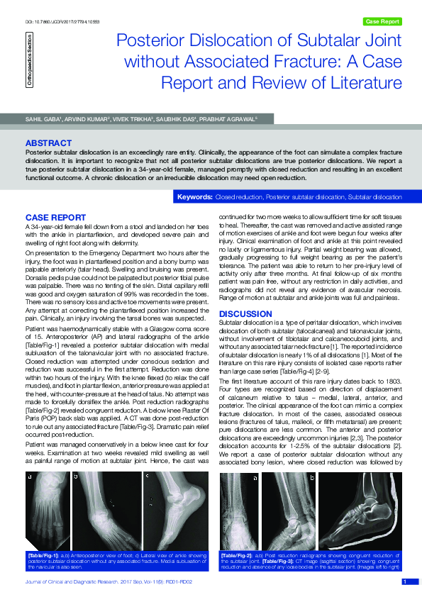 (PDF) Posterior Dislocation of Subtalar Joint without Associated Fracture: A Case Report and ...