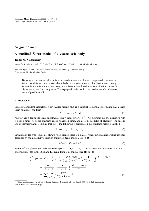 (PDF) A modified Zener model of a viscoelastic body