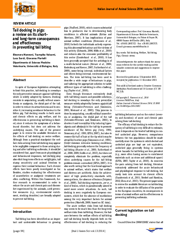 (PDF) Tail docking in pigs: a review on its short- and long-term consequences and effectiveness ...