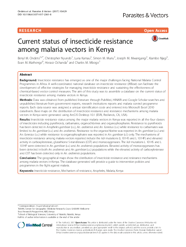 (PDF) Current status of insecticide resistance among malaria vectors in ...
