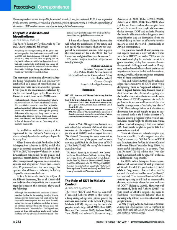 (PDF) The Role of DDT in Malaria Control