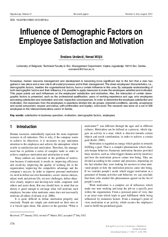Pdf Influence Of Demographic Factors On Employee Satisfaction And