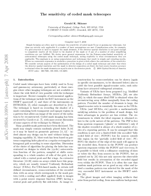 (PDF) Sensitivity of coded mask telescopes | Gerald Skinner - Academia.edu