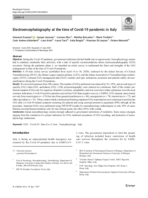 (PDF) Electroencephalography at the time of Covid-19 pandemic in Italy