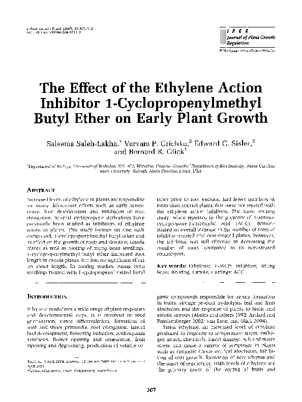 (PDF) The Effect of the Ethylene Action Inhibitor 1-Cyclopropenylmethyl ...