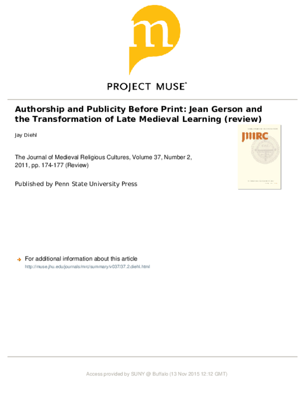 (PDF) Authorship and Publicity before Print: Jean Gerson and the ...