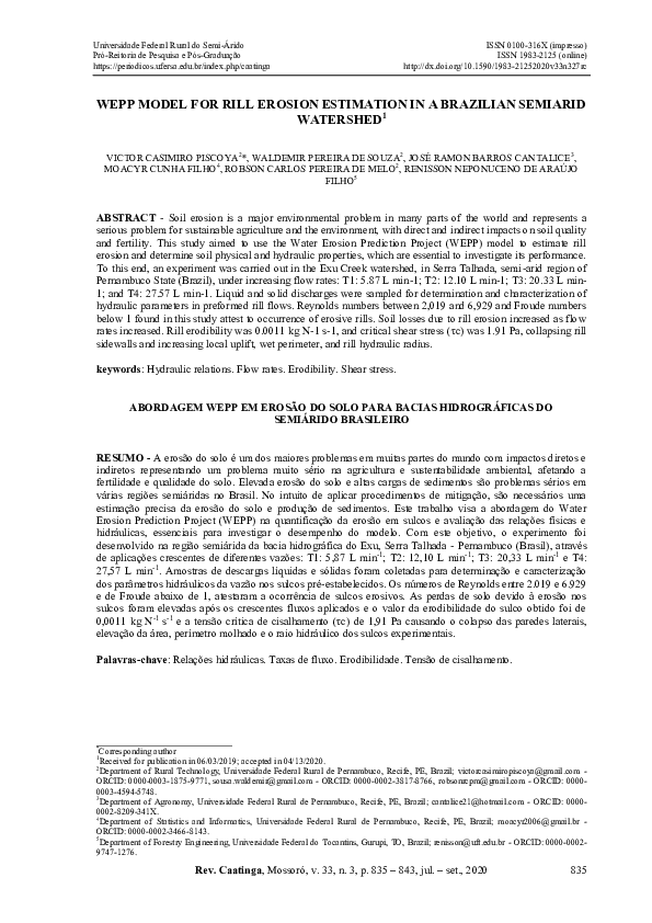 (PDF) Wepp Model for Rill Erosion Estimation in a Brazilian Semiarid ...