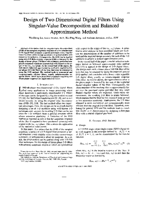 Pdf Design Of Two Dimensional Digital Filters Using Singular Value Decomposition And Balanced