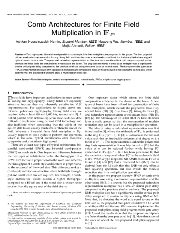 (PDF) Comb Architectures for Finite Field Multiplication in F(2^m ...