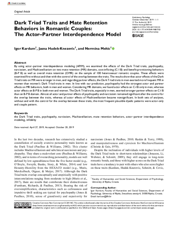 (PDF) Dark Triad Traits and Mate Retention Behaviors in Romantic ...