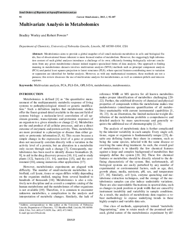 (PDF) Multivariate Analysis in Metabolomics