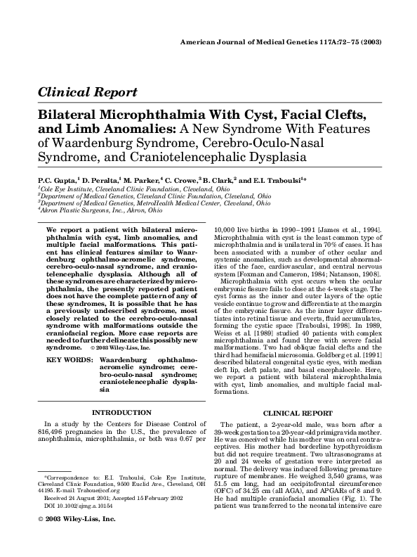 Bilateral microphthalmia with cyst, facial clefts, and limb anomalies ...