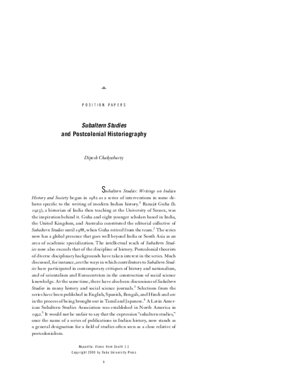 (PDF) Subaltern Studies and Postcolonial Historiography