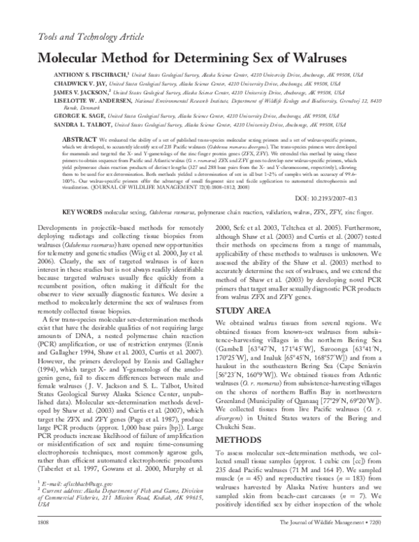 Pdf Molecular Method For Determining Sex Of Walruses Liselotte
