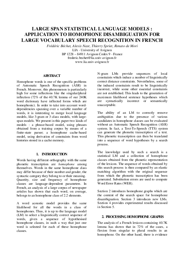 (PDF) Large span statistical language models: application to homophone disambiguation for large ...