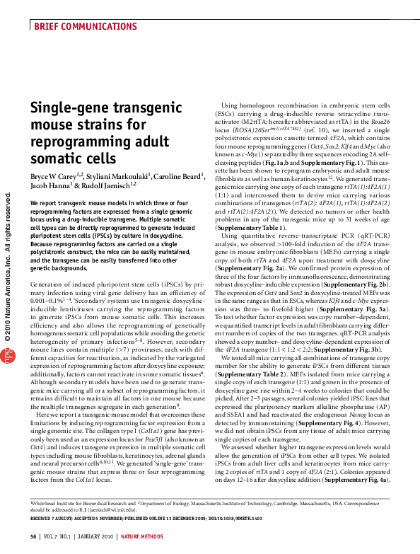 (PDF) Single-gene transgenic mouse strains for reprogramming adult ...