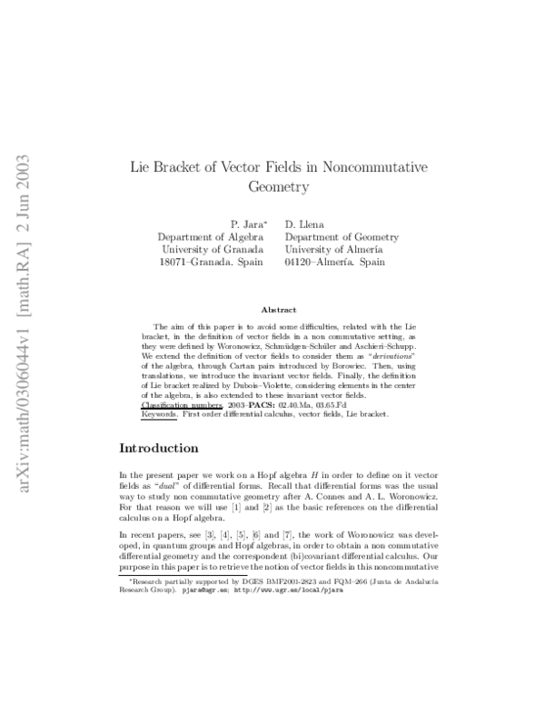 (PDF) Lie Brackets of Vector Fields in Noncommutative Geometry