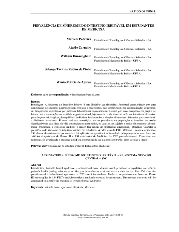 (PDF) Prevalência De Síndrome Do Intestino Irritável Em Estudantes De ...