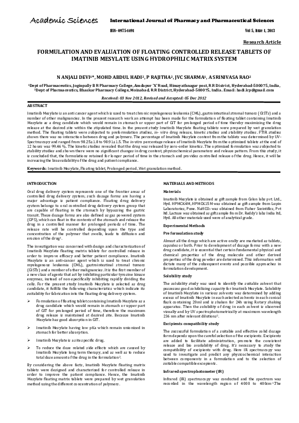Pdf “formulation And Evalutation Of Floating Controlled Release Tablets Of Imatinib Mesylate