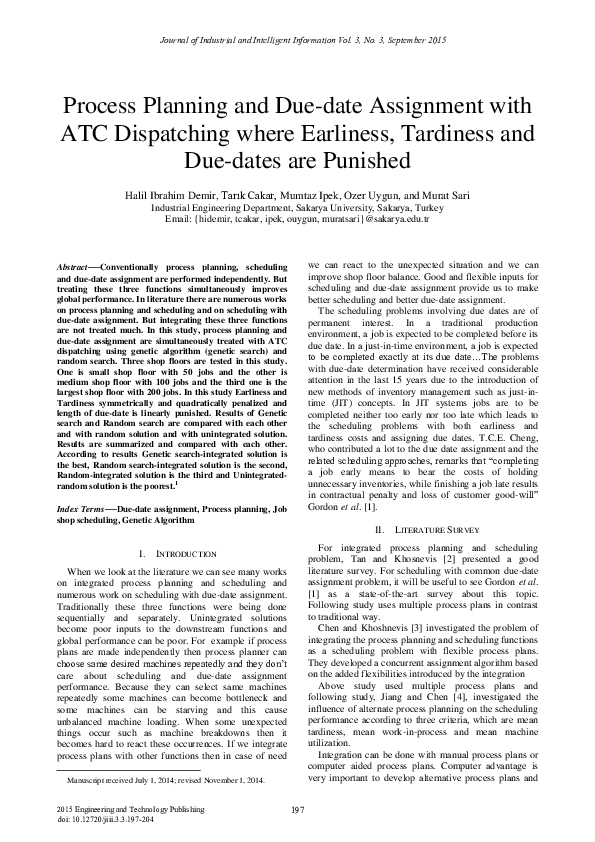 Pdf Process Planning And Due Date Assignment With Atc Dispatching Where Earliness Tardiness