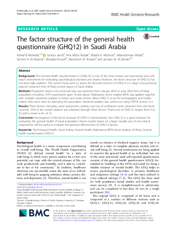 (PDF) The factor structure of the General Health Questionnaire (GHQ-30 ...