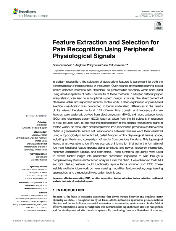 (PDF) Feature Extraction and Selection for Pain Recognition Using Peripheral Physiological ...