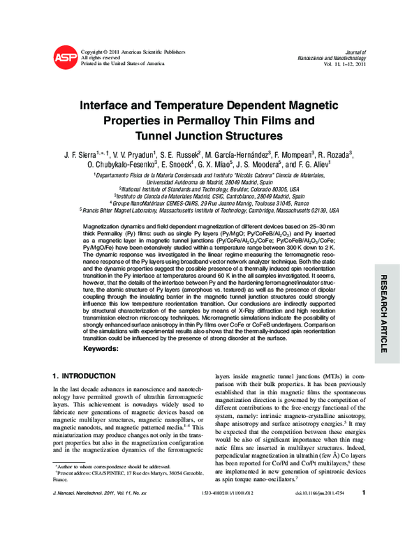 (PDF) Interface and Temperature Dependent Magnetic Properties in Permalloy Thin Films and Tunnel ...