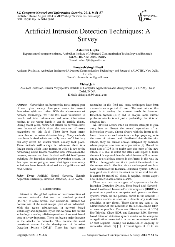 (PDF) Artificial Intrusion Detection Techniques: A Survey