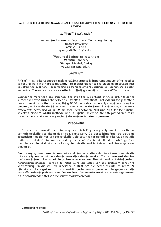 Pdf Multi Criteria Decision Making Methods For Supplier Selection A Literature Review