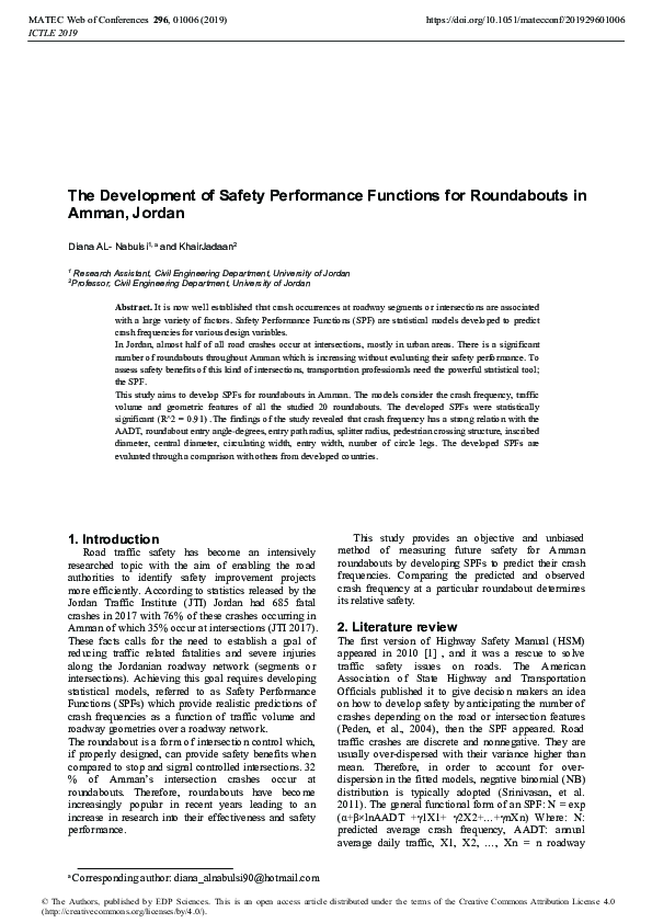 (PDF) The Development of Safety Performance Functions for Roundabouts in Amman, Jordan