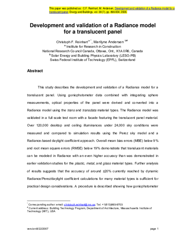 (PDF) Development and validation of a Radiance model for a translucent ...