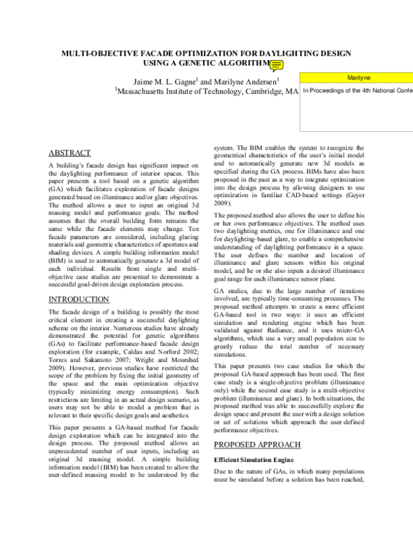 Pdf Multi Objective Façade Optimization For Daylighting Design Using A Genetic Algorithm