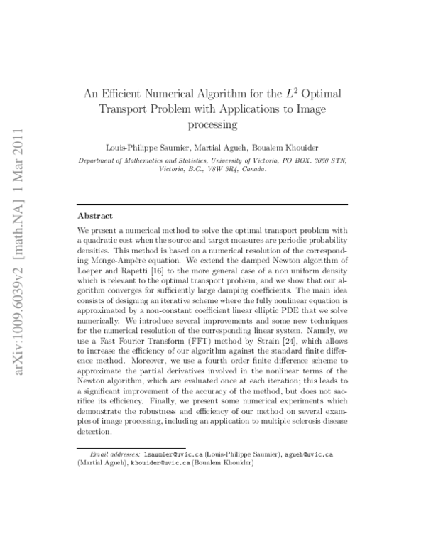 (PDF) An efficient numerical algorithm for the L2 optimal transport problemwith applications to ...