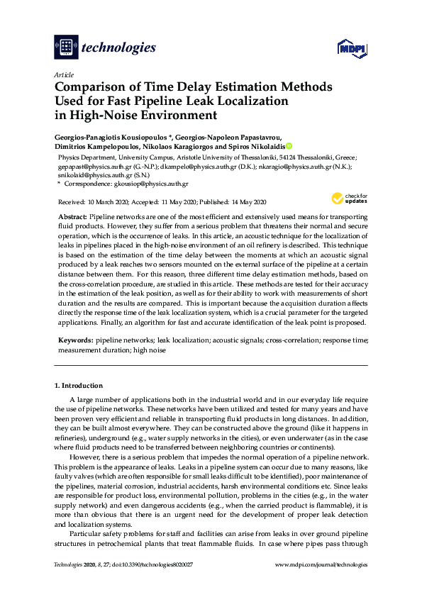 (PDF) Comparison of Time Delay Estimation Methods Used for Fast Pipeline Leak Localization in ...