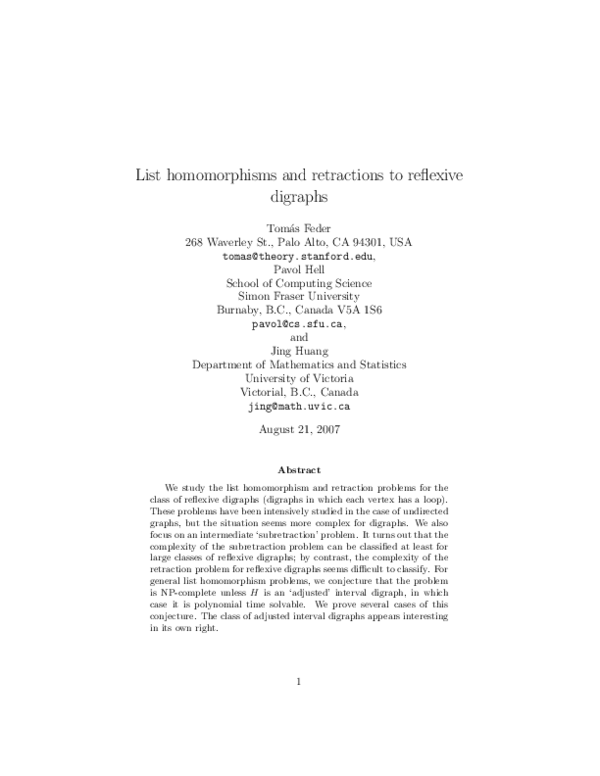 (PDF) List homomorphisms and retractions to reflexive digraphs