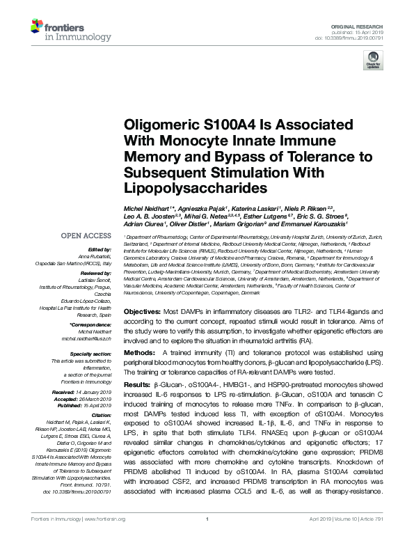 (PDF) S100A4 and Monocyte Immune Memory in RA