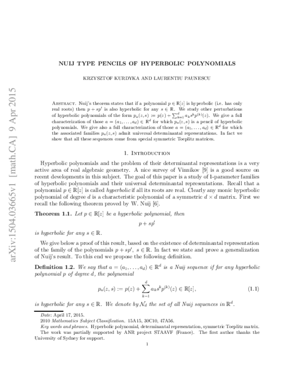 (PDF) Nuij type pencils of hyperbolic polynomials