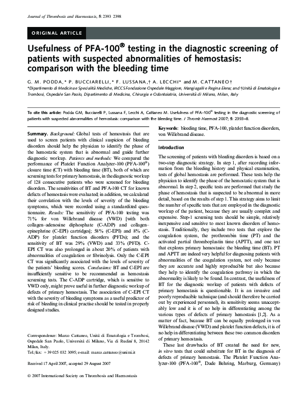 (PDF) Usefulness of PFA-100 ® testing in the diagnostic screening of ...