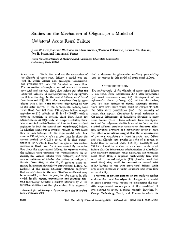(PDF) Studies on the Mechanism of Oliguria in a Model of Unilateral ...