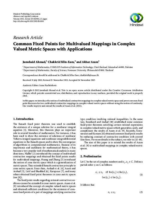 Pdf Common Fixed Points Of Multivalued Mappings In Complex Metrics