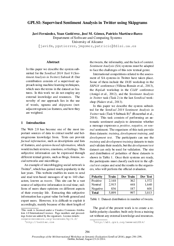 Pdf Gplsi Supervised Sentiment Analysis In Twitter Using Skipgrams Patricio Martinez Barco