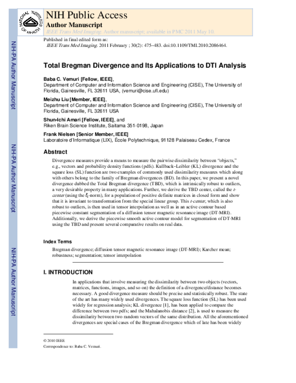 (PDF) Total Bregman Divergence and Its Applications to DTI Analysis