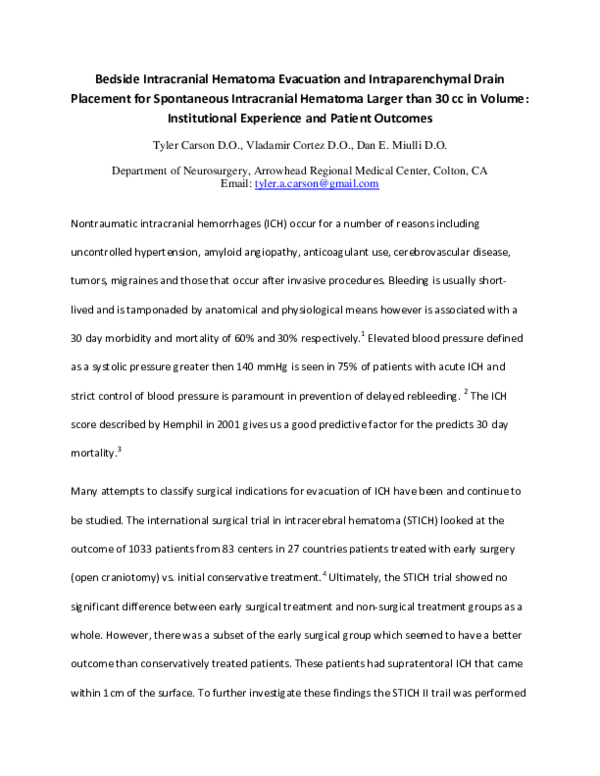 (PDF) Bedside intracranial hematoma evacuation and intraparenchymal ...